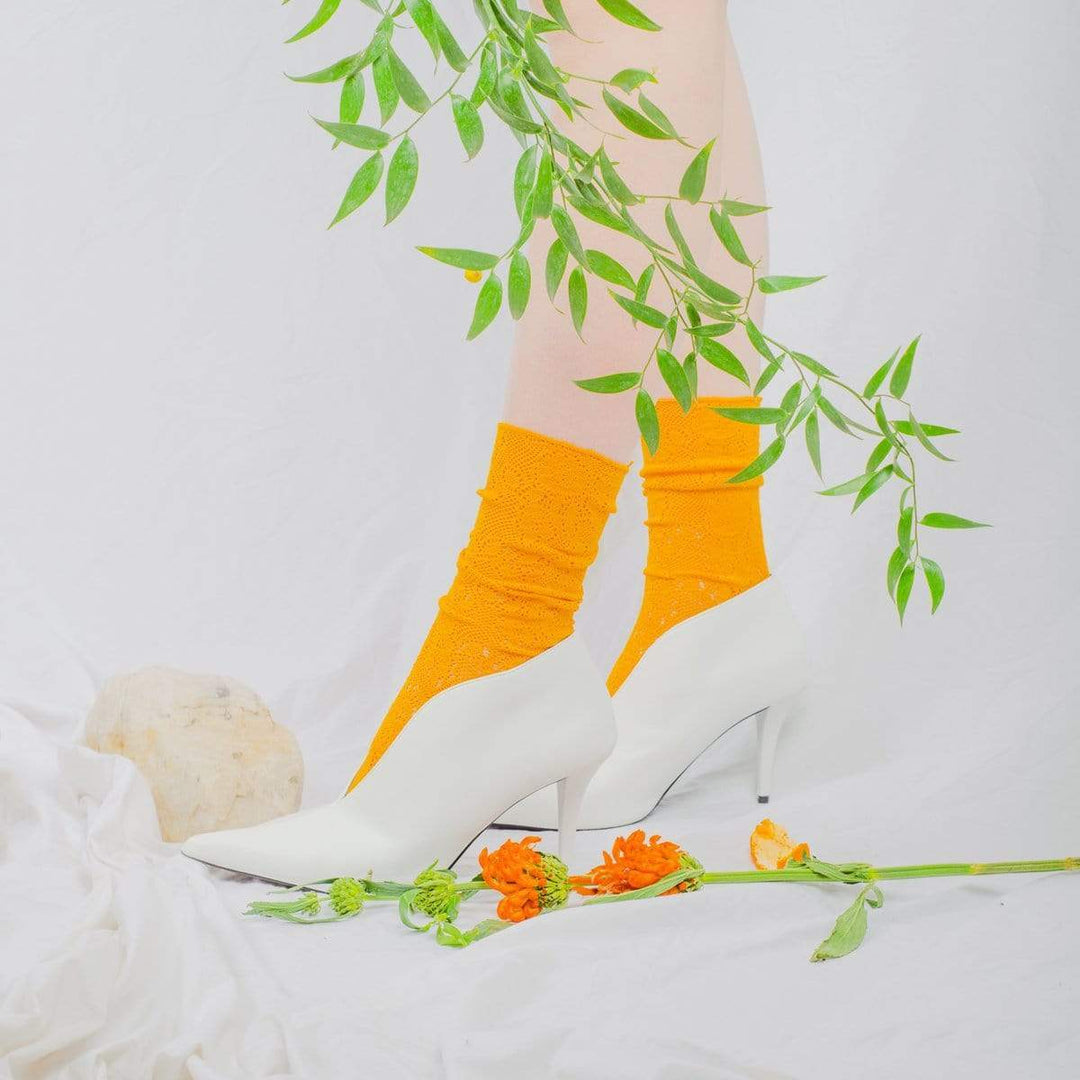 Lola Lace | Womens Crew Sock | Sheer Nylon | Yellow – Sock Season