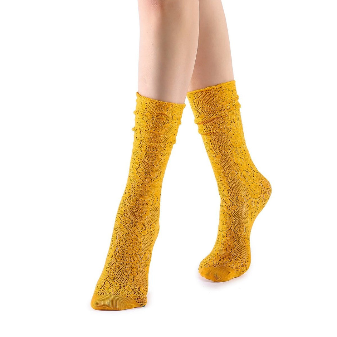 Lola Lace | Womens Crew Sock | Sheer Nylon | Yellow – Sock Season