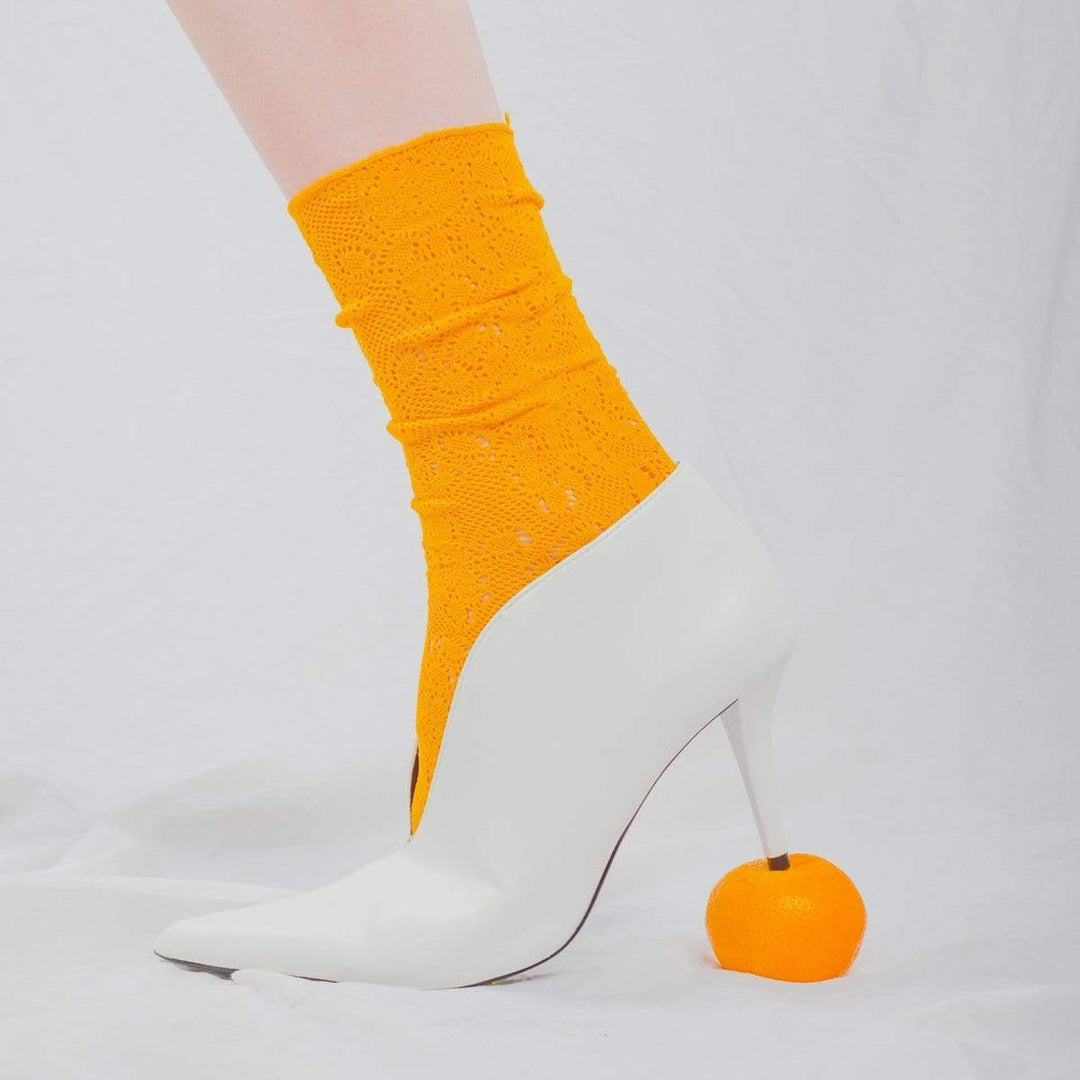 Lola Lace | Womens Crew Sock | Sheer Nylon | Yellow – Sock Season